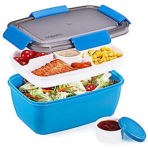 Caperci Salad Lunch Container with 68 oz Salad Bowl - Large Adult Bento Lunch Box, 5-Compartment Bento-Style Tray for Toppings, 2pcs 3-oz Sauce Cups for Dressings, Stackable, BPA-Free (Blue)