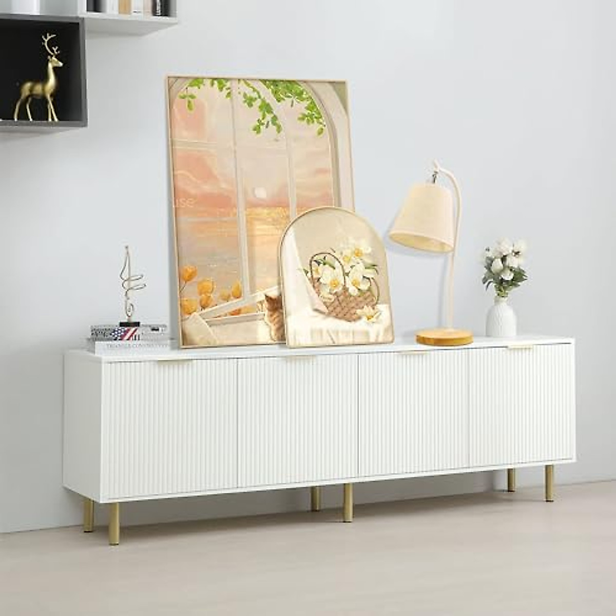 Furniwood TV Stand for 80 Inch TV, Entertainment Center TV Stand with 4 Large Drawers, Mid Century Modern TV Stand for Living Room, Media TV Console Table with Storage for Bedroom, Warm White