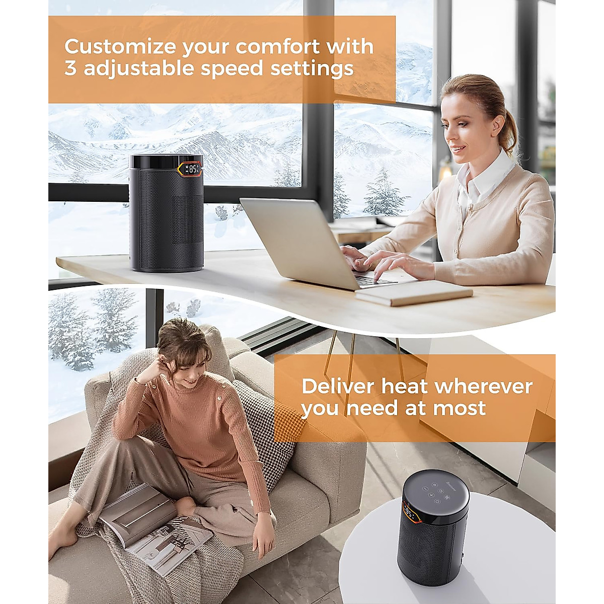 BREEZOME Space Heater, Portable Electric Heaters for Indoor Use with Thermostat & 24H Timer, 1500W PTC Ceramic Quiet Fast Heating Desk Heater, Safety Room Heater for Home Bedroom Office