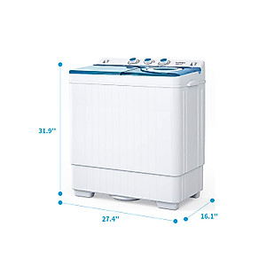 KUPPET Compact Twin Tub Portable Mini Washing Machine 26lbs Capacity, Washer(18lbs)&Spiner(8lbs)/Built-in Drain Pump/Semi-Automatic (White&Blue)