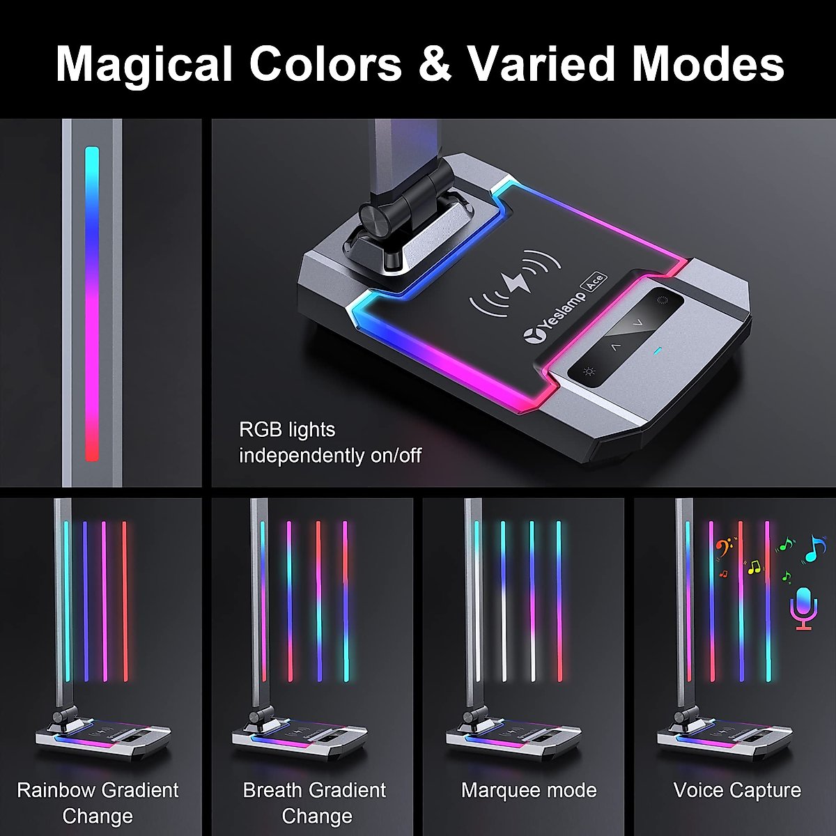 Yeslamp LED Desk Lamp with 10W Wireless and 24W USB-C Fast Charging, Ace RGB Dynamic, Natural Spectrum Desk Light,6 RGB Lighting Modes/Music Rhythm, Perfect for Gaming Setup, Live Video, Study, Home