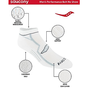 Saucony Men's Rundry Bolt Performance No-Show Socks, Available in M-XXL (6, 12, 18, White (6 Pairs), XX-Large
