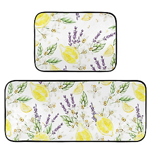 Lemon Fruits Flowers Lavender Kitchen Mat Set of 2 Anti-Fatigue Kitchen Rug Set Washable Foam Cushioned Non Slip Kitchen Runner Rugs and Mats Comfort Standing Mat for Floor Home Decor Doormat
