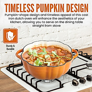 SOBEIT Pumpkin Dutch Oven Pot with Lid l Enamel Cast Iron Pumpkin Dutch Oven l 3.5 QT Pumpkin Pot l Interior Enamel Coating l Cast Iron Horn Knob l Fit For All Most Stove l Oven Safe to 500° F (Orange)