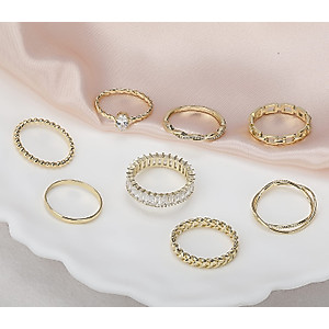 PNYFIL 8Pcs Emerald Cut Eternity Stackable 14K Gold Rings for Women - Baguette Ring, Dainty Rings for Women, Non-Tarnish Gold Rings, Stackable Rings for Women & Fashion Rings Set