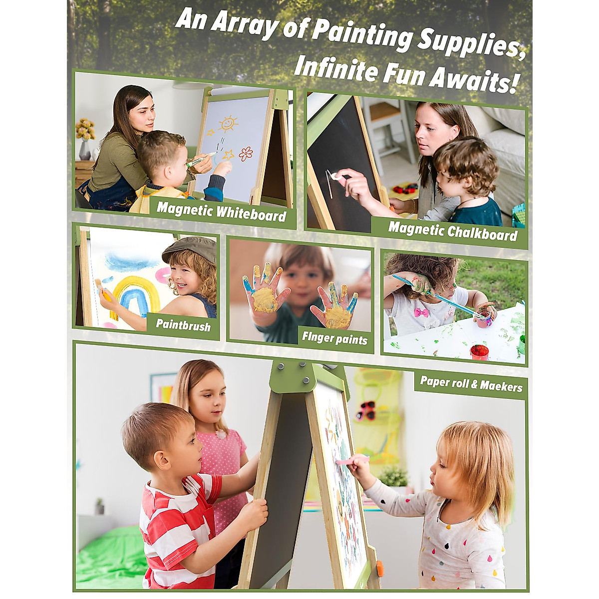 Joyooss Art Easel for Kids, Double-Sided Magnetic Easel for Children with Whiteboard & Chalkboard, Deluxe Standing Easel for Toddler with Paper Roll & Painting Accessories Painting Station for Kids