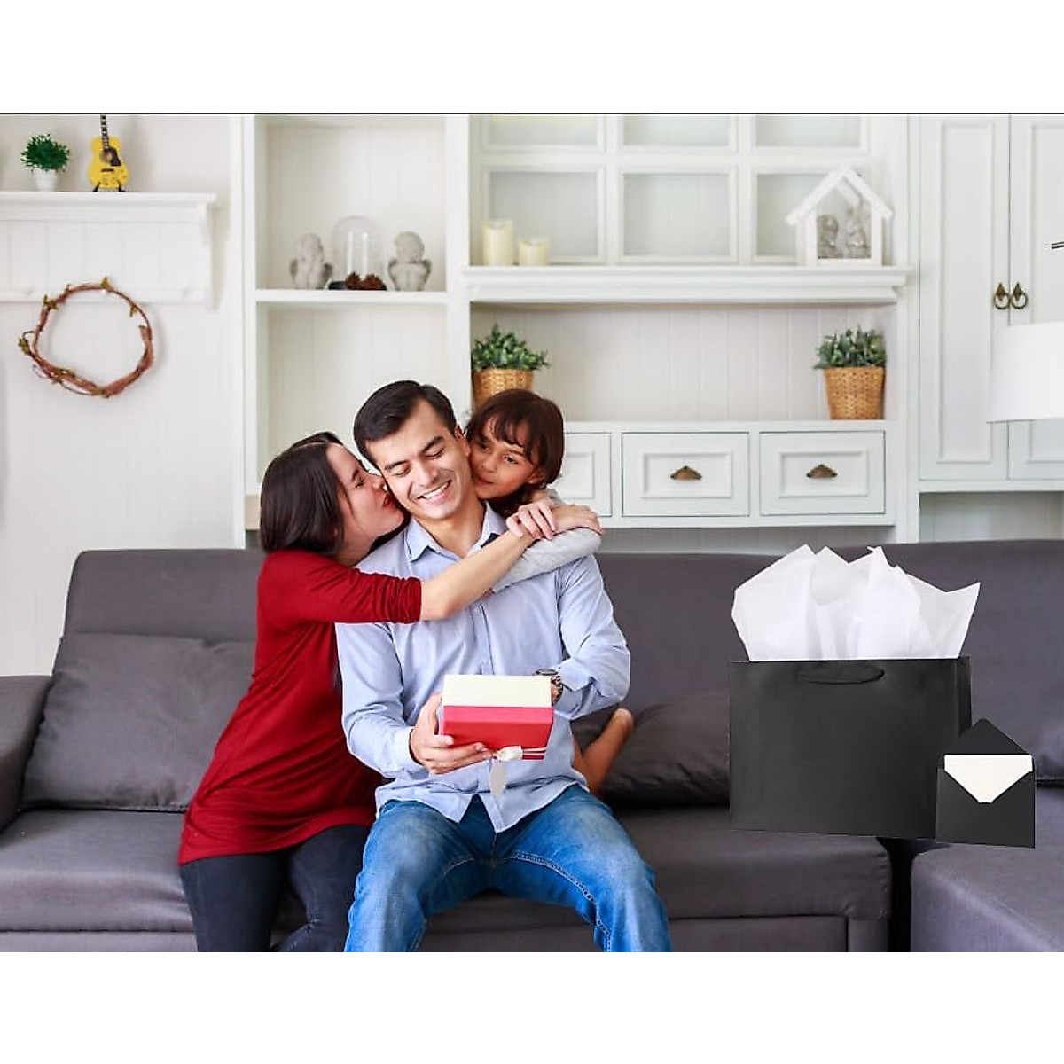 jabberwpacking 13" Large Black Premium Gift Bag with Tissue Paper and Card (Silk Paper Gift Bag) for Father's Day Men Birthday Party Favor