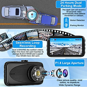 Dash Cam Front, Lnkful Dash Camera for Cars with 64GB SD Card, 1080P FHD Car Dashboard Camera Recorder with 3'' IPS Screen, Night Vision, 170° Wide Angle, Loop Recoding, G-Sensor, Parking Monitor