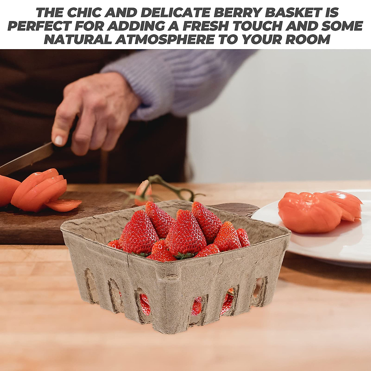 GANAZONO Bushel Basket 50pcs Square Paper Berry Basket Pulp Fiber Produce Vented Container Holder Box Fruit Tray for Fruit Vegetable Farmer Market Grocery Packaging Desktop Stand