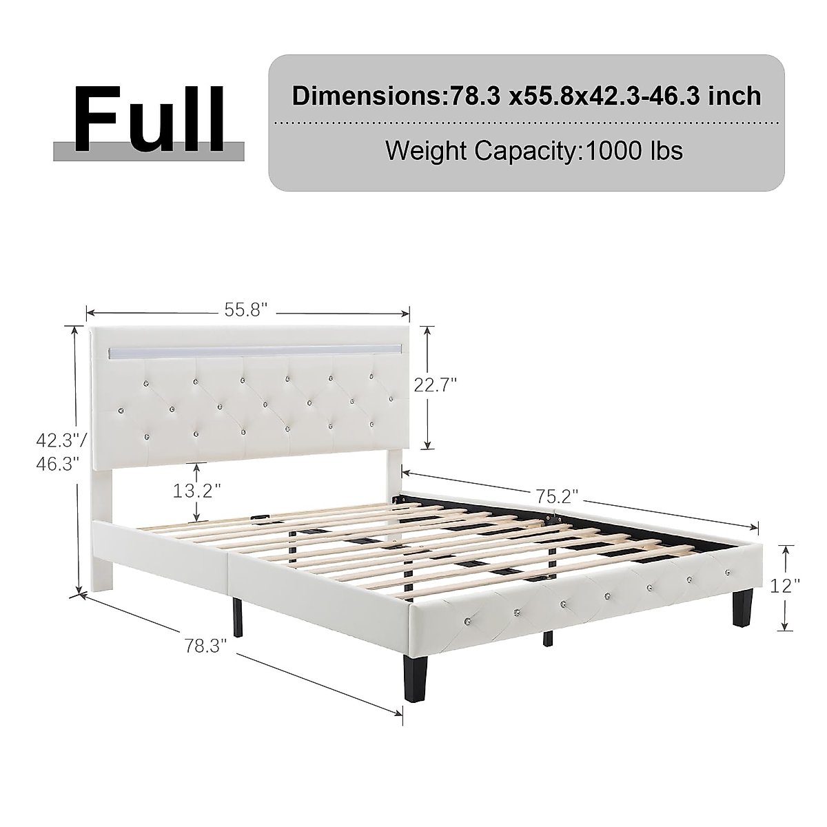 Benevika Full Size Bed Frame with LED Lights, Upholstered Platform Bed Frame, Adjustable Headboard with Charging Station, Wooden Slats Support, Easy Assembly, No Box Spring Needed, White