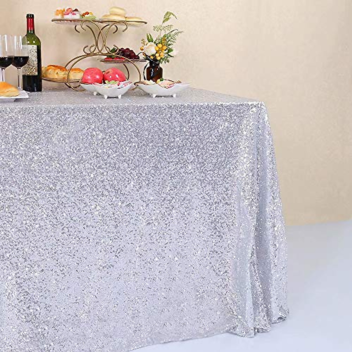GFCC Glitter Silver Sequin Tablecloth for Party Wedding Banquet 60x120 inch Sparkly Rectangle Table Cloth Cake Table Cover Linen