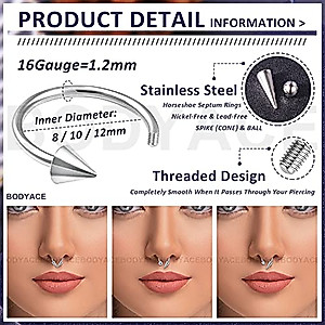 BodyAce 16G Spike Septum Rings Horseshoe Nose Rings, Rook Daith Helix Tragus Cartilage Earrings Hoop, Stainless Steel Lobe Lip Piercing for Women Men [A:3pcs 8/10/12mm Black]