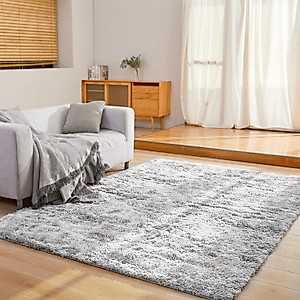 LFHHT Fluffy 5x7 Shag Area Rugs for Bedroom, Plush Fuzzy Shaggy Carpet Rugs for Living Room Classroom Nursery Home Decor, Tie-Dyed Light Grey Anti-Skid Rugs for Kids Girls Boys