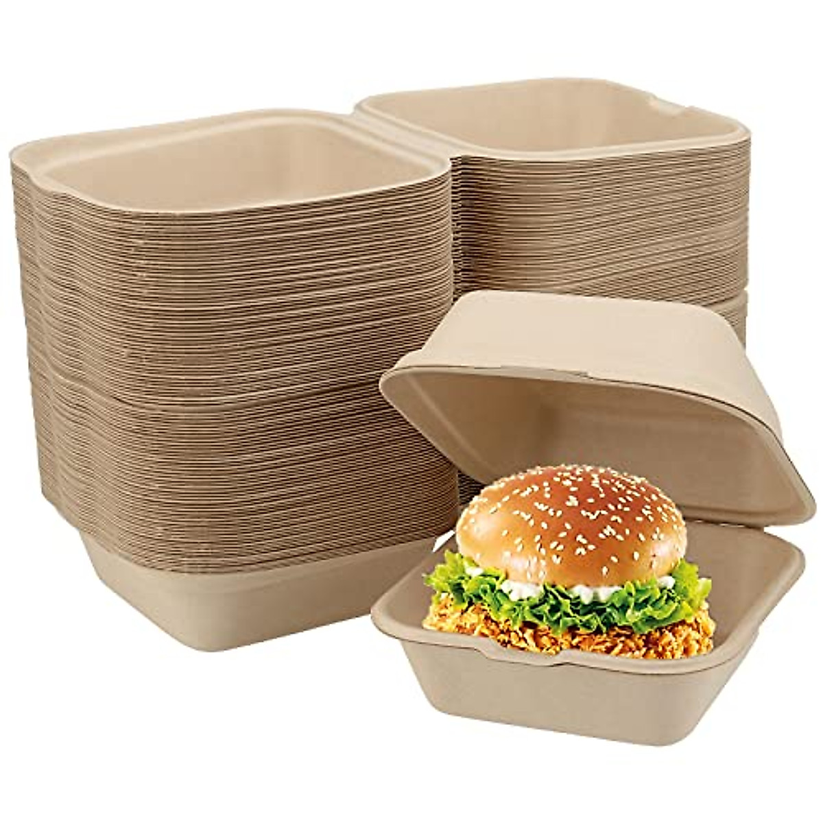 MOUYAT 100 Pack 6x6 Inch Clamshell Take out Food Containers, Single Compartment To Go Hamburger Box with Hinged Lid, Take Home containers for Kitchens, Parties, Restaurants, Food Trucks, Brown