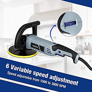 WORKPRO Buffer Polisher - 7-inch Car Buffer Waxer with 4 Buffing and Polishing Pads, 6 Variable Speed 1000-3800 RPM, Detachable Handle, Ideal for Car Detailing, Sanding, Polishing, Waxing