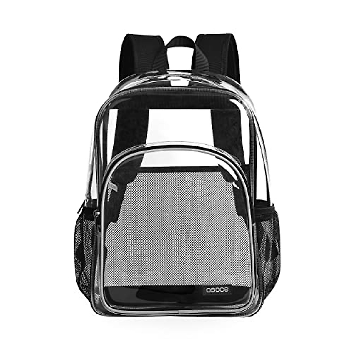 OSOCE Black Clear Backpack Heavy Duty,Clear Bag Stadium Approved,PVC Transparent Clear Book Bag with Adjustable Shoulder Straps and Front Accessory Pocket for Security Work Concert Festival Travel