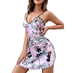 WDIRARA Women's Satin Nightgown Floral Backless V Neck Chemise Sleepwear Short Night Dress Pink L