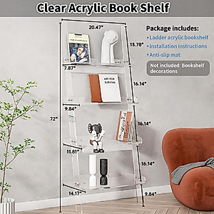 Nalwort Acrylic Ladder Bookshelf, 4-Tier Clear Leaning Book Shelf, Large Unique Bookcase, Storage Organizer Shelf for Bedroom, Living Room, Office, 72" H x 21" W x 14" D