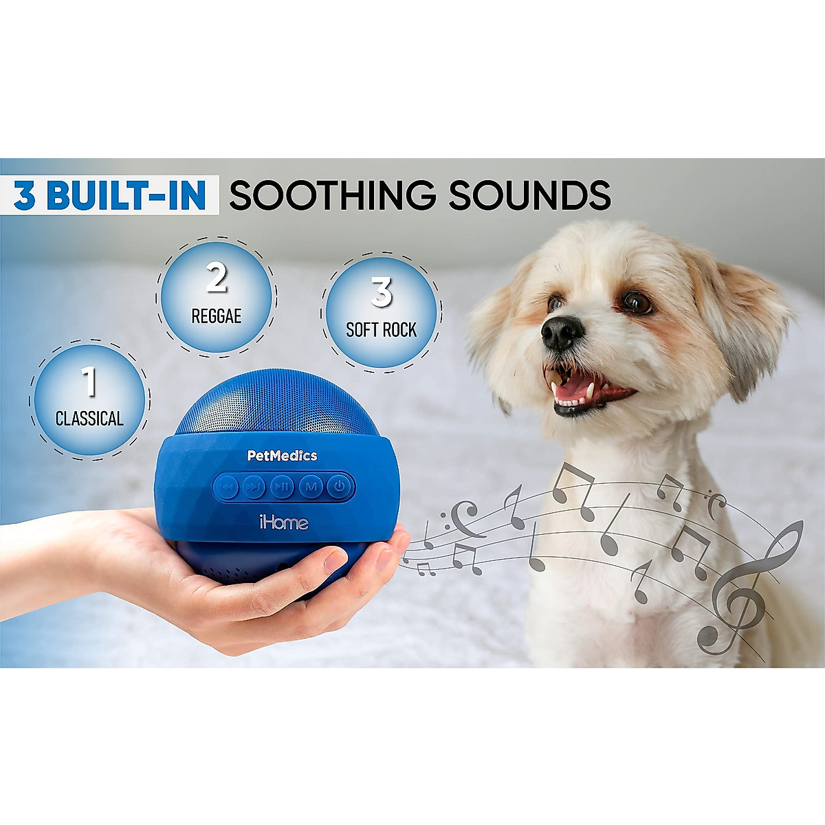 PetMedics Calming Pet Soothing Sound Noise Machine - Dog & Cat Anxiety Relief - 3 Calming Sounds - AC/Wall Powered - for Separation Anxiety, Thunderstorms & Fireworks Stress Relief - Powered by iHome