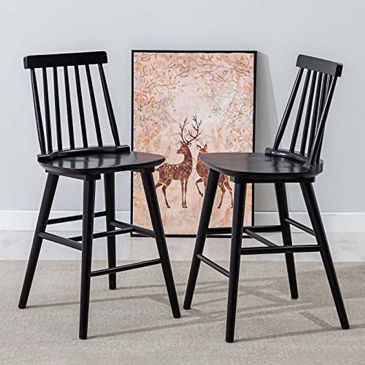 Duhome Wood Bar Stools Set of 2, Farmhouse Counter Stools 24’’ Barstool with Spindle Back Counter Height Stool Chairs for Kitchen Islands, Black