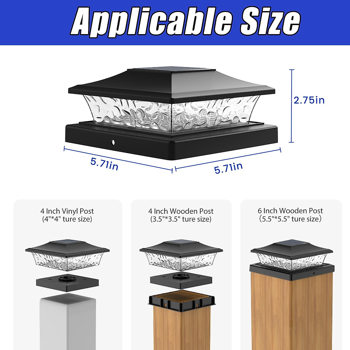 APONUO Deck Post Lights Solar Powered,6x6 Post Cap Solar Light 2 Color Mode Outdoor Waterproof for Fence Post Caps 4x4,6x6 Wood&4x4 5x5 Vinyl Deck Post Caps,Black,12 Pack