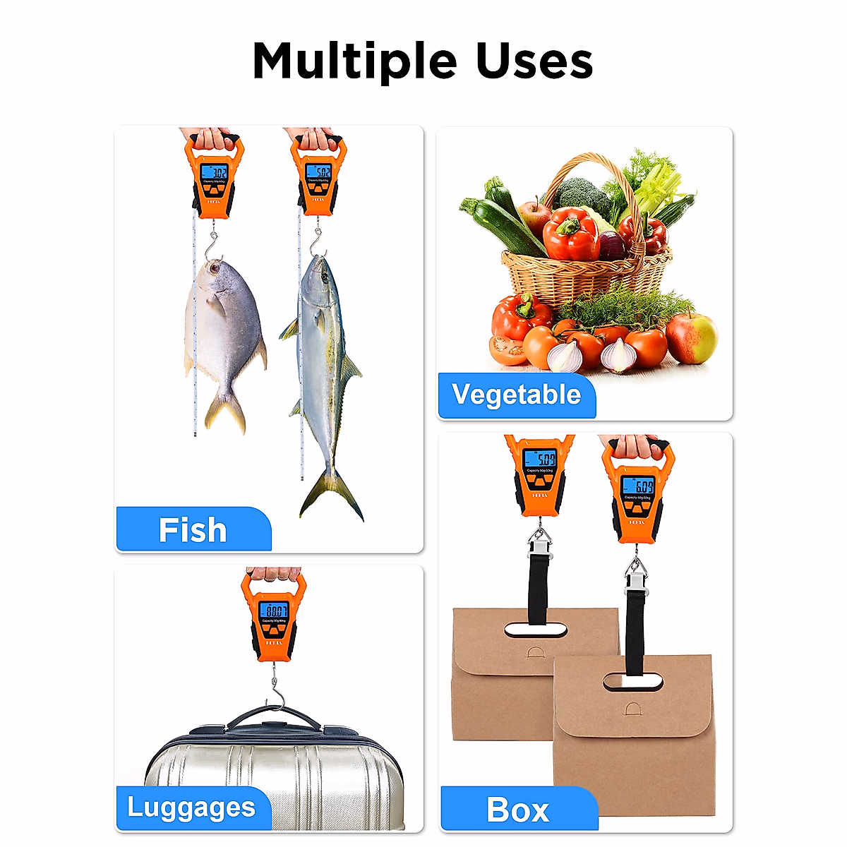 HEETA Waterproof Fish Scale Digital with Backlit LCD Display, 110lb/50kg Portable Hanging Scale Fishing Scale for Home and Outdoor, Measuring Tape and 2 AAA Batteries Included (Orange)