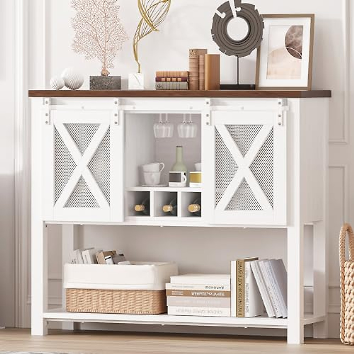 IDEALHOUSE Coffee Bar Cabinet, Sideboard Buffet Storage Cabinet with Storage, Farmhouse Wine Bar Cabinet with Wine Glass Rack, Liquor Cabinet Bar for Home, Kitchen, Dining, Living Room, White
