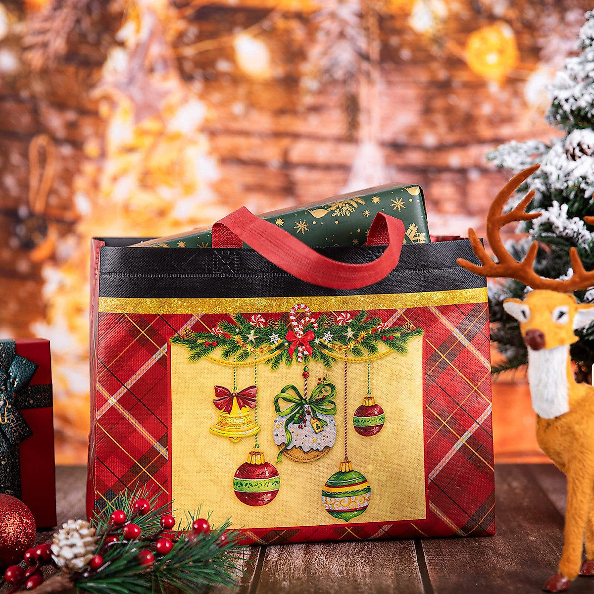 Whaline 12Pcs Christmas Plaid Large Tote Bags with Handles Reusable Red Grocery Shopping Bag Non-Woven Bags Black Green Lattice Gift Bag Truck Wreath Waterproof Party Treat Goodie Bag for Favors