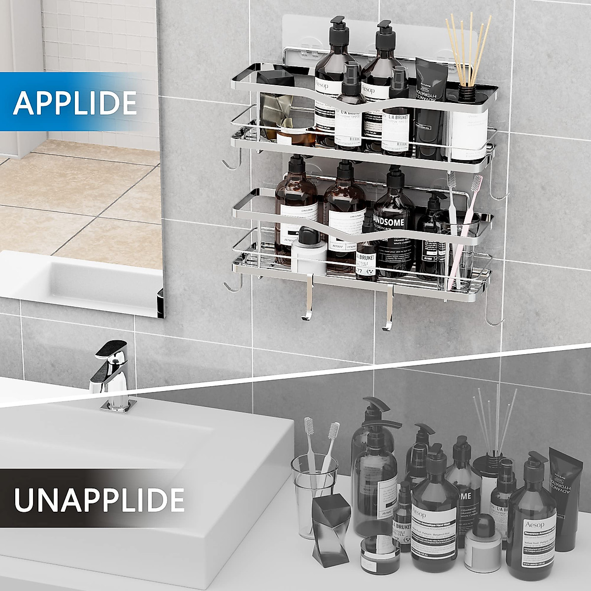 MZF 2-Pack Shower Caddy, No Drilling Adhesive Shower Shelf, Rustproof Stainless Steel Bathroom Shower Organizer Storage, Shower Shelf for Inside Shower & Kitchen Storage, Silver