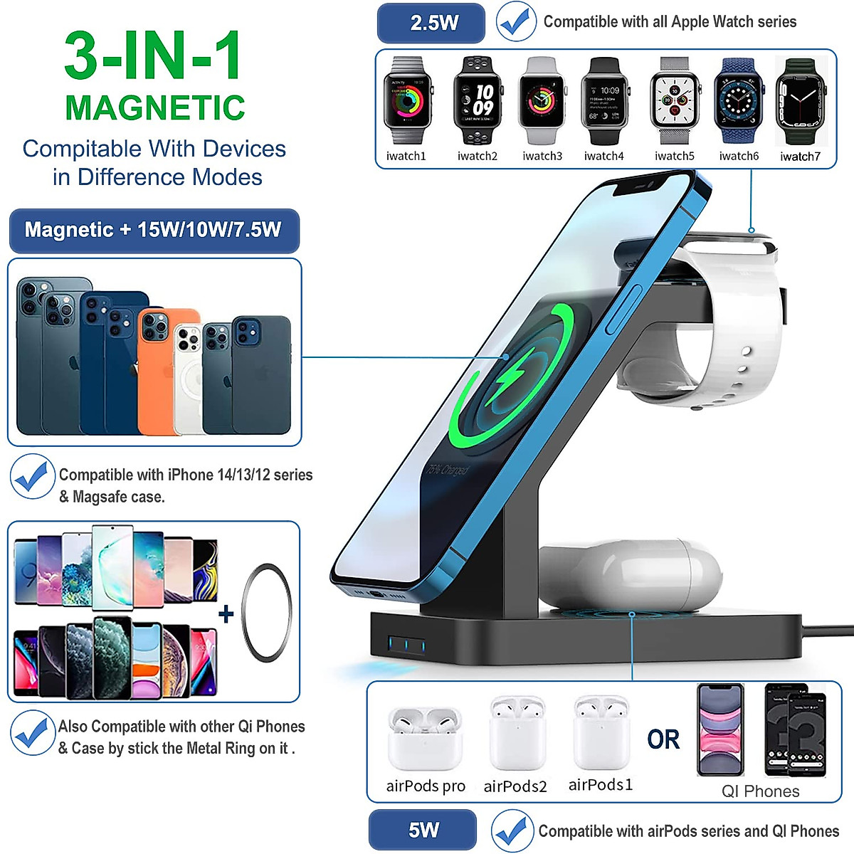 Catalpa U 3 in 1 Wireless Charging Station Compatible for Magsafe Fast Magnetic Charging Stand Compatible with iPhone 14/13, 14/13 Pro, 14/13 Pro Max, 13/12 Mini, AirPods Pro/AirPods 2 iwatch