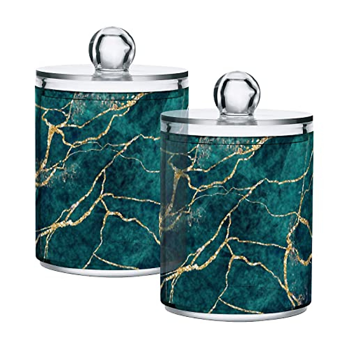 xigua 4 Pack Gold Green Marble Apothecary Jars with Lid, Qtip Holder Storage Containers for Cotton Ball, Swabs, Pads, Clear Plastic Canisters for Bathroom Vanity Organization (10 Oz)