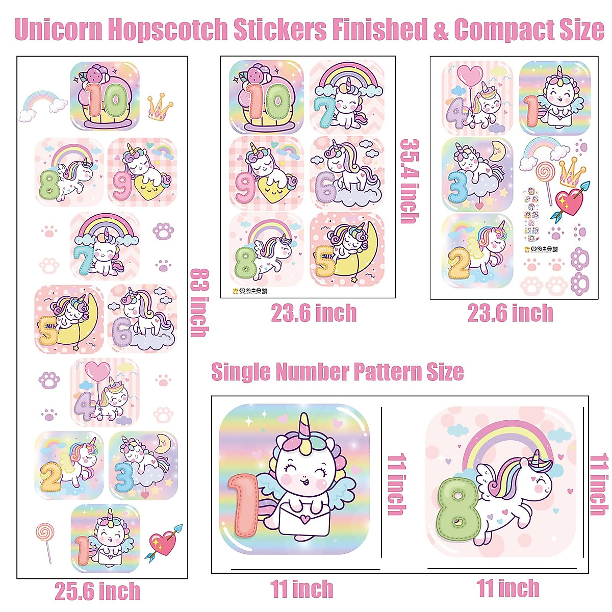 Large Unicorn Floor Decals, Indoor Hopscotch Number Game Stickers, Creative Unicorn Floor Stickers for Kid Girls Bedroom, Playroom, Classroom, Nursery, Daycare Floor & Wall Decor