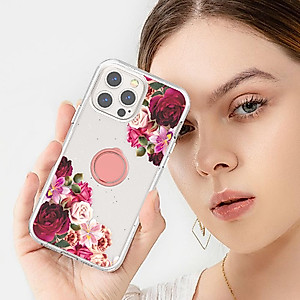 ACKETBOX for iPhone 13 Pro Max Case,with Screen Protector & Camera Lens Protector+Ring Bracket,Floral Phone Cover Designed for iPhone 13 Pro Max(Big Red Flower 01)
