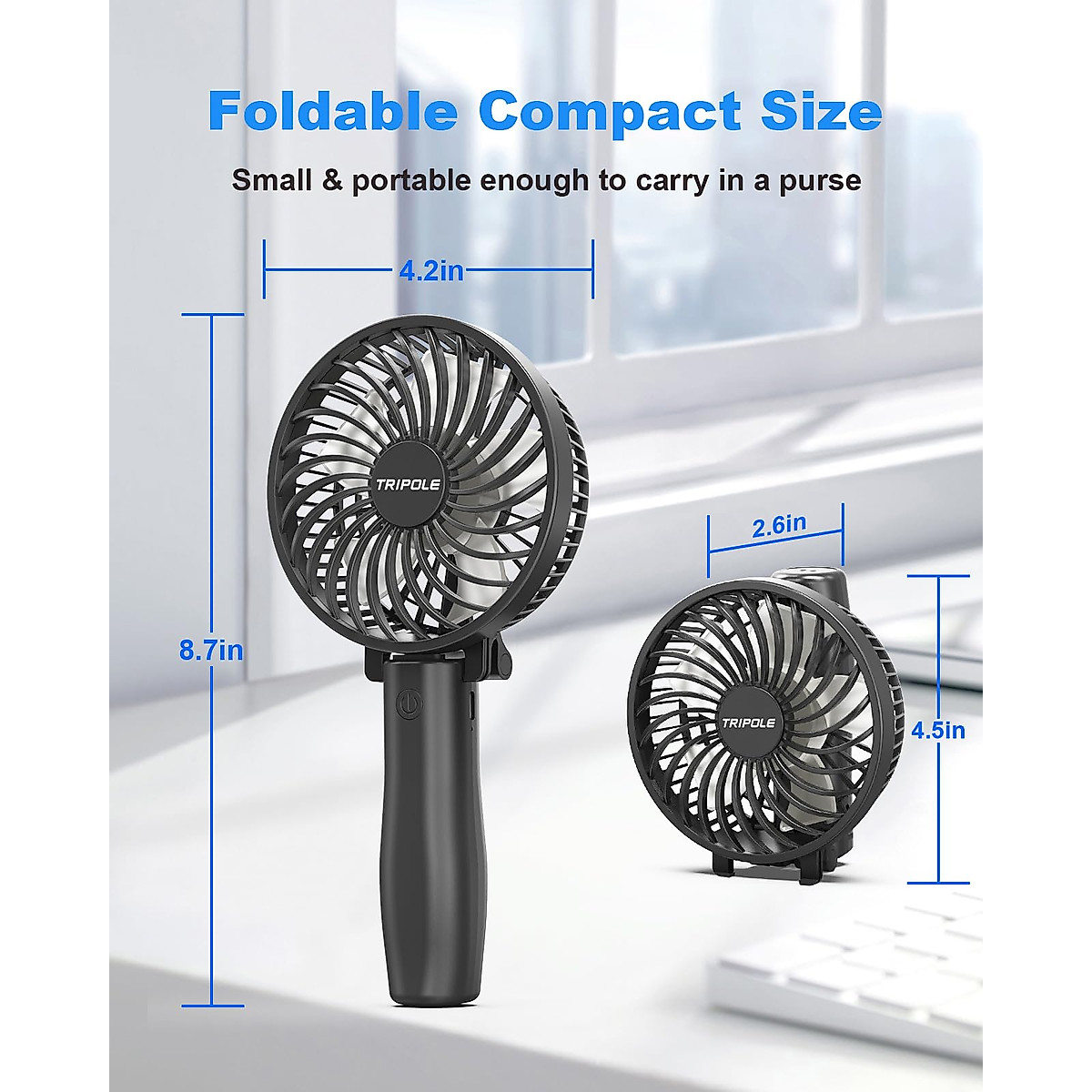 TriPole Handheld Fan Portable Mini Fan, 3 Speeds Foldable Small Personal Fan, Rechargeable USB Desk Fan, Powerful Hand Held Fan Battery Operated for Travel Outdoor Makeup Gifts, Black, 4.2” Fan Cover