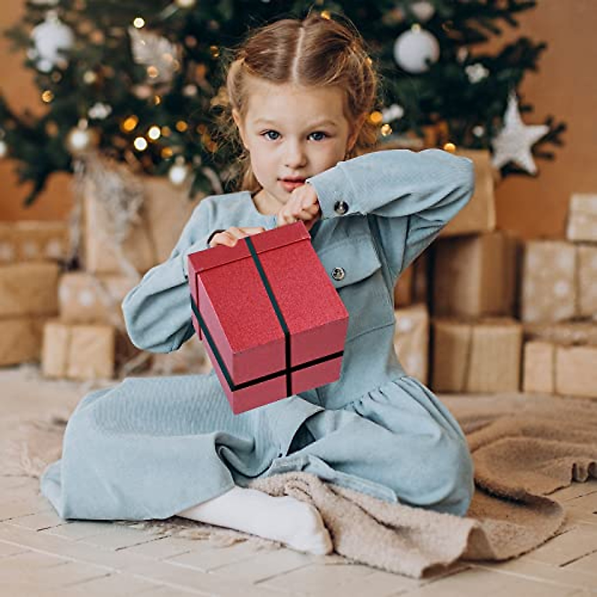 UNIQOOO 5Pcs Red Glitter Christmas Gift Box Set with Lid, Assorted Size, Square Nested Wedding Keepsake Boxes, Holiday Paper Box Tower Organizer For Birthday Party, Mother's Day Gift Wrap Packaging