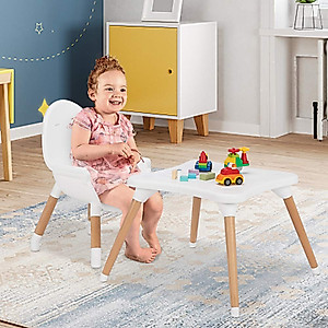 JOYMOR 5-in-1 Convertible Baby High Chair for Babies and Toddlers, Table and Chair Set, Wooden Infant Eating Highchair with Leather Seat Cushion, 4-Position Removeable & Adjustable Tray (Biege)