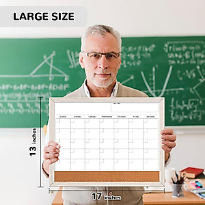 Monthly Whiteboard Calendar & Corkboard for Wall, Magnetic 17"x13" Dry Erase Board with White Wood Framed, 2in1 White Board Cork Board Combo, Calendar Bulletin Board for Kitchen Planner Memo Office