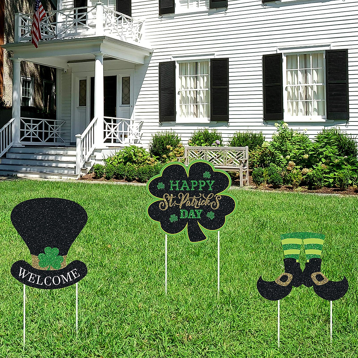 3 Pieces St. Patrick's Day Yard Signs with Stakes, St. Patrick's Day Clover Signs Outdoor Lawn Decorations Irish Leprechaun Horseshoe Shamrock with Happy St Patrick's Day Sign with Stakes