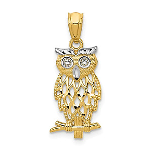 Solid 14k White and Yellow Gold Two Toned Owl Pendant Charm - 24mm x 9mm