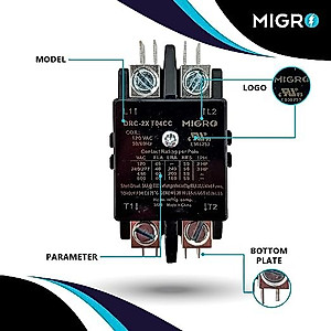 Migro 40 Amp 2 Pole NEMA 600V HVAC Heavy Duty Definite Purpose Contactor – 24V Coil, Motor Load 40A and Lighting Load 50A