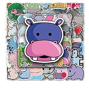 50 PCS Cute Hippo Stickers, Cartoon Animals Vinyl Decals Stickers for Water Bottle, Laptop, Bumpers, Skateboard, Helmet, Funny Hippo Stickers for Kids Teens Adults