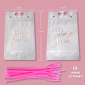 Bachelorette Drink Pouch Cups with Straws (Rose Gold) 16 Count, 15 Oz. - Engagement Party Decoration and Bride To Be Gift