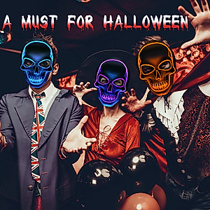 Lenwen 3 Pieces Halloween LED Mask Light up Scary Skull Face Cover Glowing Halloween Skull Cover for Cosplay Halloween Party Supplies Favor (Purple, Red, Orange), 9.6 x 6.7 inches