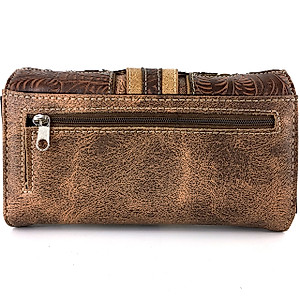 Justin West Laser Cut Rhinestone Silver Buckle Studded Cross Shape Design Wristlet Trifold Wallet Attachable Long Strap (Brown)