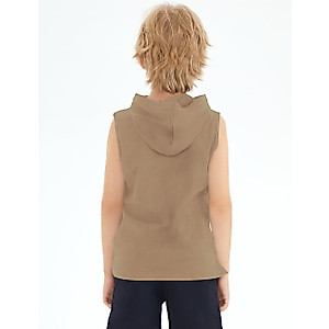 Spring&Gege Boys Hooded Tank Top Solid Basic Sleeveless Pullover Hoodie Uniform Workout Comfy T-Shirt, Khaki, 9-10 Years