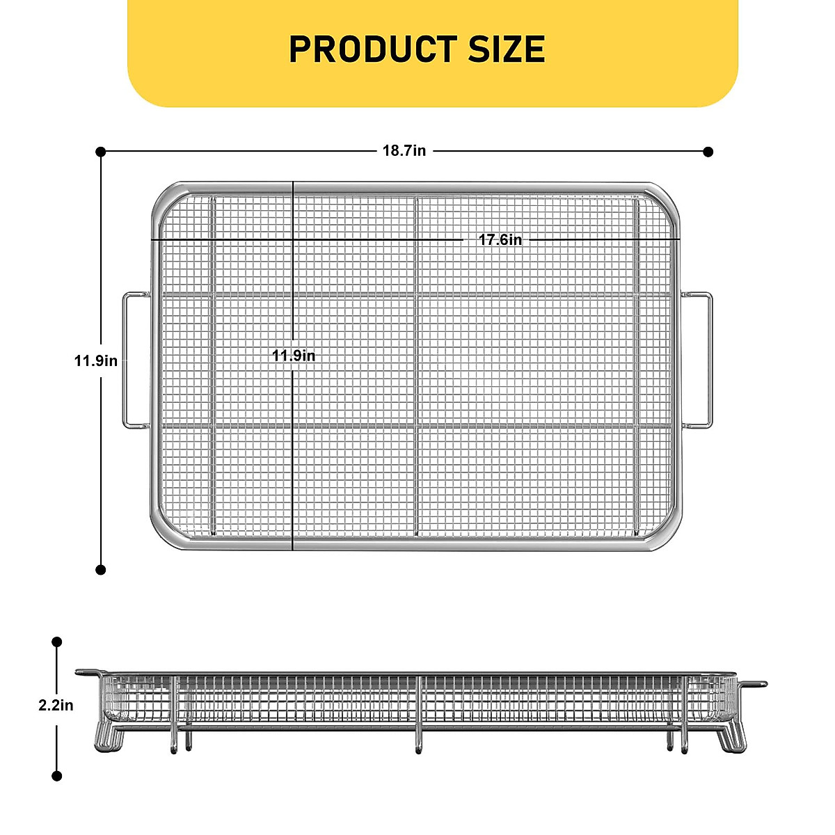 Extra Large Air Fryer Basket for Oven, 18.7'' x 11.9'' Stainless Steel Crisper Basket for Convection Oven, Baking Pan Perfect for the Grill, Dishwasher Safe, 2 Pack