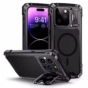 Lanhiem Magnetic for iPhone 14 Pro Max Metal Case, [Built-in Camera Kickstand & Glass Screen Protector] Heavy Duty Full Body Rugged Protective Military Magsafe Cover for iPhone 14 Pro Max 6.7" (Black)