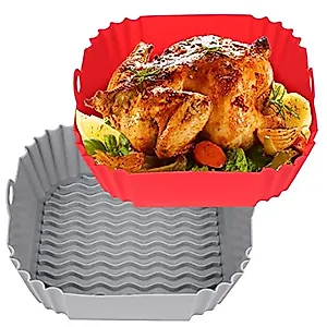 MaMix Silicone Air Fryer Liners 2 pack，8 inch Reusable Air Fryer Pot for 4 to 7 QT Air Fryer Inserts for Oven Microwave Accessories (Red+Grey)
