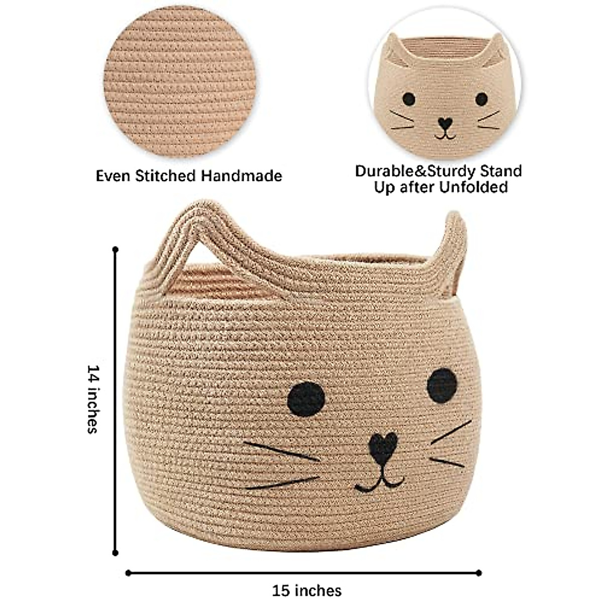 VK Living Animal Baskets Large Woven Cotton Rope Storage Basket with Cute Cat Design Animal Laundry Basket Organizer for Towels, Blanket, Toys, Clothes, Gifts – Pet or Baby Gift Baskets 15‘’ L x 14H