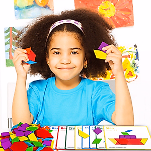 3 Bees & Me Wooden Pattern Blocks - Fun Montessori Learning Toys for Ages 3 to 9 - Tangram Shapes Puzzle Set with 155 Pieces